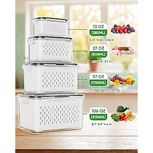 Tuuveeca 4 Pack Fruit Containers for Fridge,Stackable Refrigerator Organizer Bins with Removable Colander,Dishwasher & Microwave Safe Produce Containers Keep Fruits, Vegetables, Meat Fresh longer