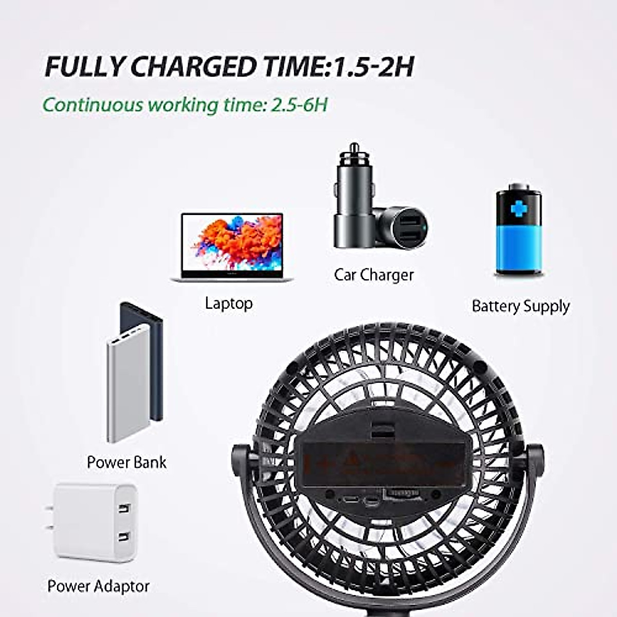 AJOYEUX Battery Operated Clip on Fan, Portable Rechargeable Personal fan (5 inch) for stroller, camping, cart seat, gym, Black