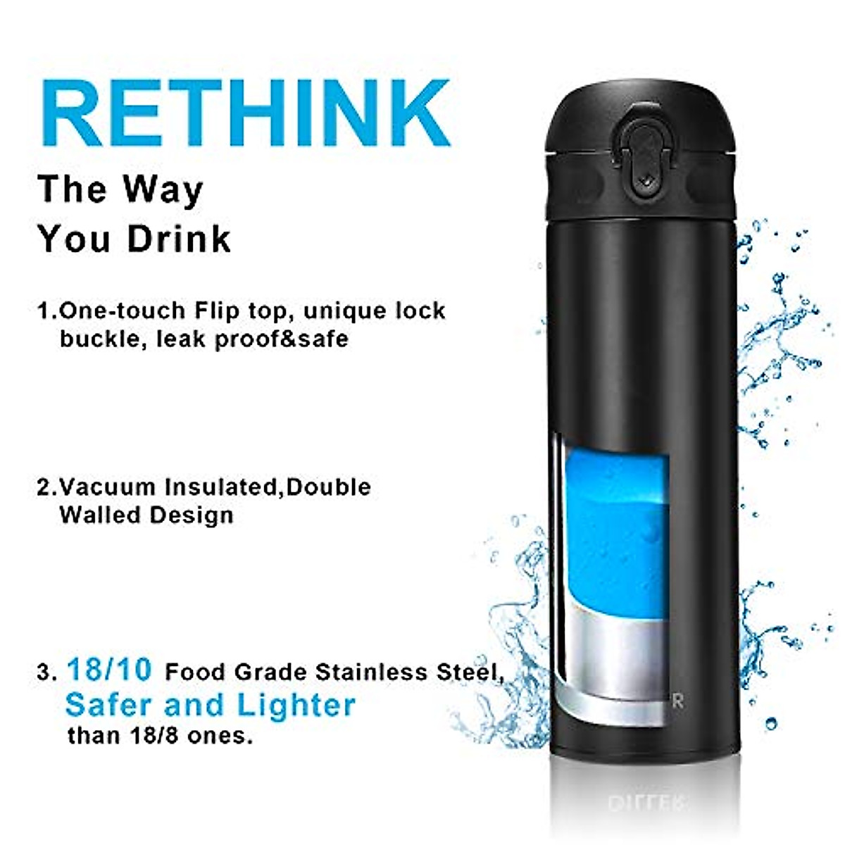 DILLER Vacuum Insulated Water Bottle,Stainless Steel Thermal Coffee Travel Mug BPA-Free Thermos Flask ,Keeps Cold 24H, Hot 12H,17 oz (blue)