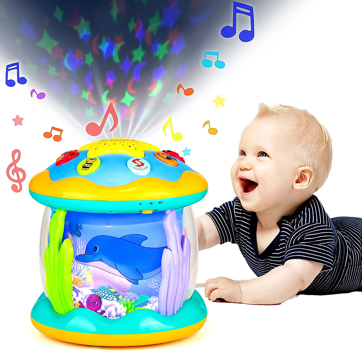 Baby Toys 6 to 12 Months Musical Light Up Tummy Time Infant Toys 3-6 7 8 9 12-18 Months Crawling Toys Ocean Rotating Projector Baby Gifts for 1 2 3 Year Old Boy Girl Birthday Toddlers Kids