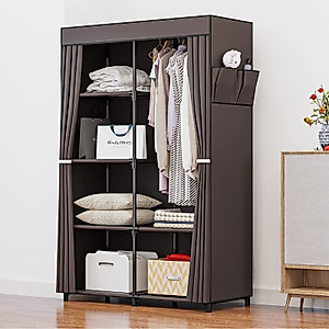 INGIORDAR Portable Closet Wardrobe Organizer Storage with Cover Non-Woben Fabric Portable Wardrobe Closet for Hanging Clothes Racks Shelving 34 Inch for Bedroom, Coffee