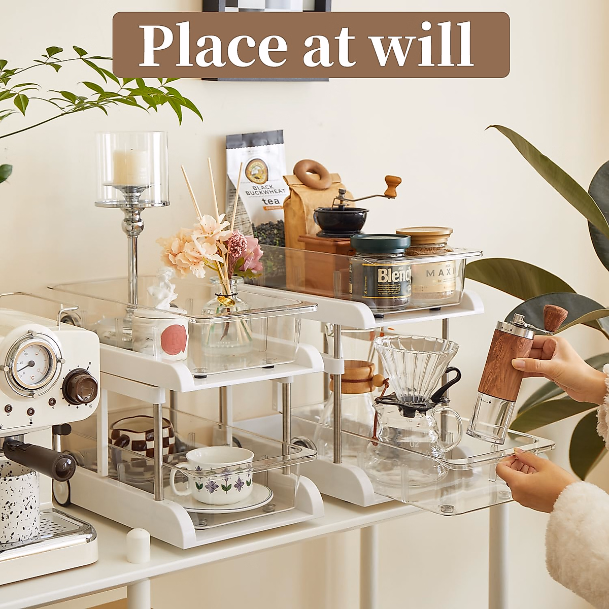 2-Layer Transparent Bathroom Organizer with 2 Drawer Organizers and Storage Space, Drawer Storage Container with 6 dividers, Kitchen Organizer Under Sink, Multi-Purpose Bathroom Organizer