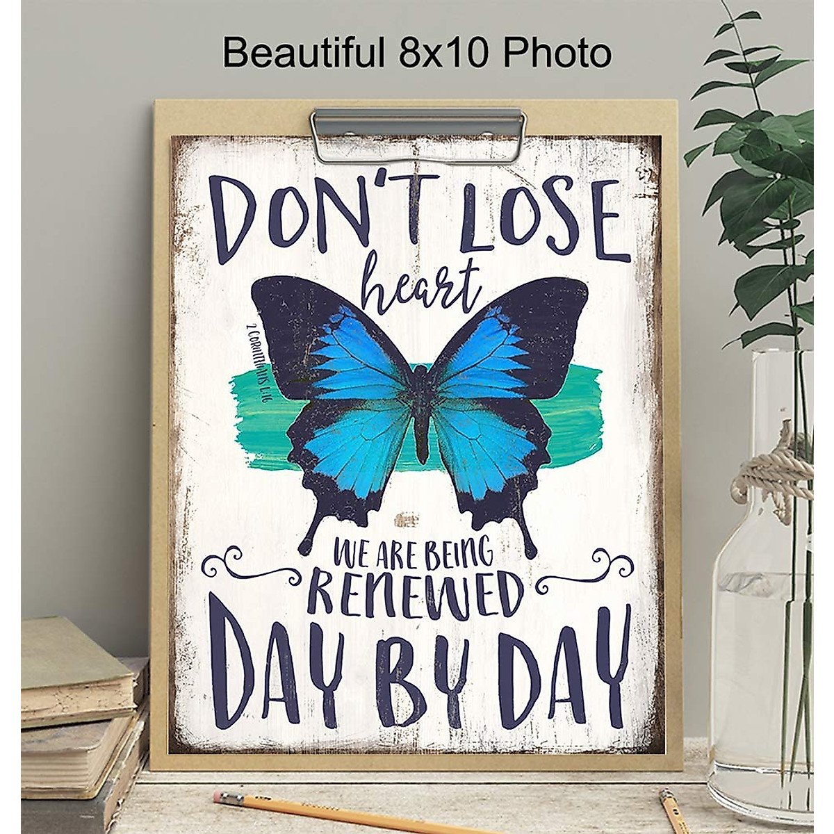 Inspirational Butterfly Picture - Christian Bible Verse Wall Art - Religious Scripture Wall Decor - Blue Rustic Boho Gift for Women - Motivational Home or Apartment Decoration for Bedroom, Living Room
