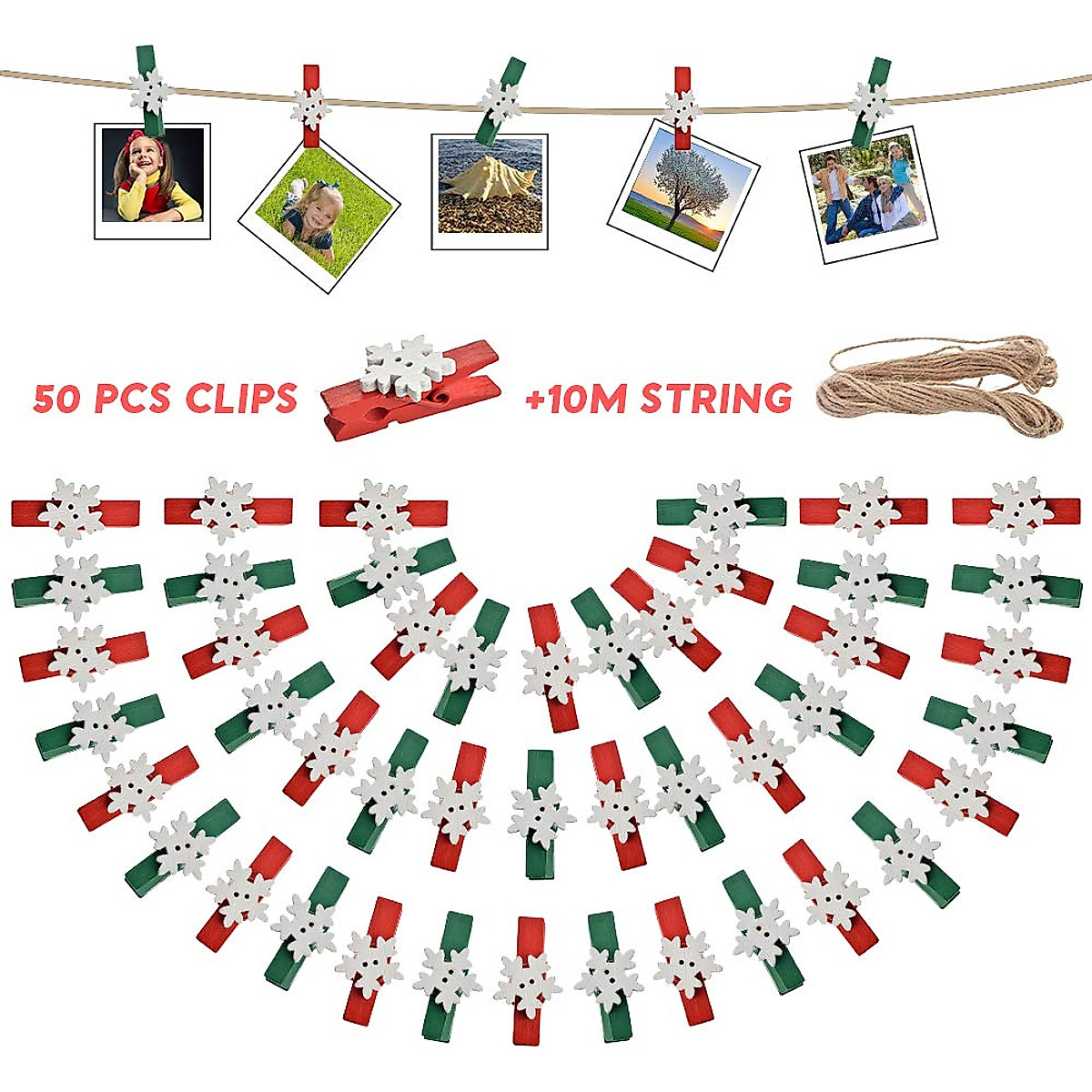 Souarts 50pcs Christmas Clips Snowflake Clothespins Mini Clothes Pins Christmas Wooden Photo Clips Red Green Tiny Wood Clips for Hanging Christmas Cards Paper Crafts