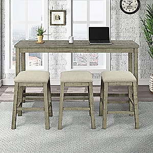 Quarte 4-Piece Counter Height Bar Table Set, Multipurpose Dining Room Set with Fabric Padded Stools and Socket,Wood Rustic Dining Set