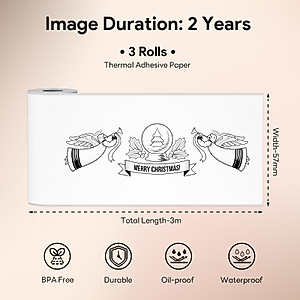 Cooljun Thermal Sticker Paper for D1 Mini Pocket Printer, 3 Rolls Regular Self-Adhesive Thermal Paper 57mm x 2.8m Compatible with All 57mm Pocket Thermal Printer (White)