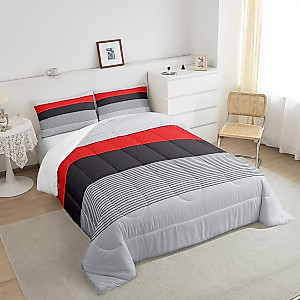 Erosebridal Stripes Duvet Insert for Women, Gray and Black Red Patchwork Striped Bedding Set, Modern Abstract Art Comforter Set Ombre Bright Gray Stripes Quilt Farmhouse Decorations, Queen Size