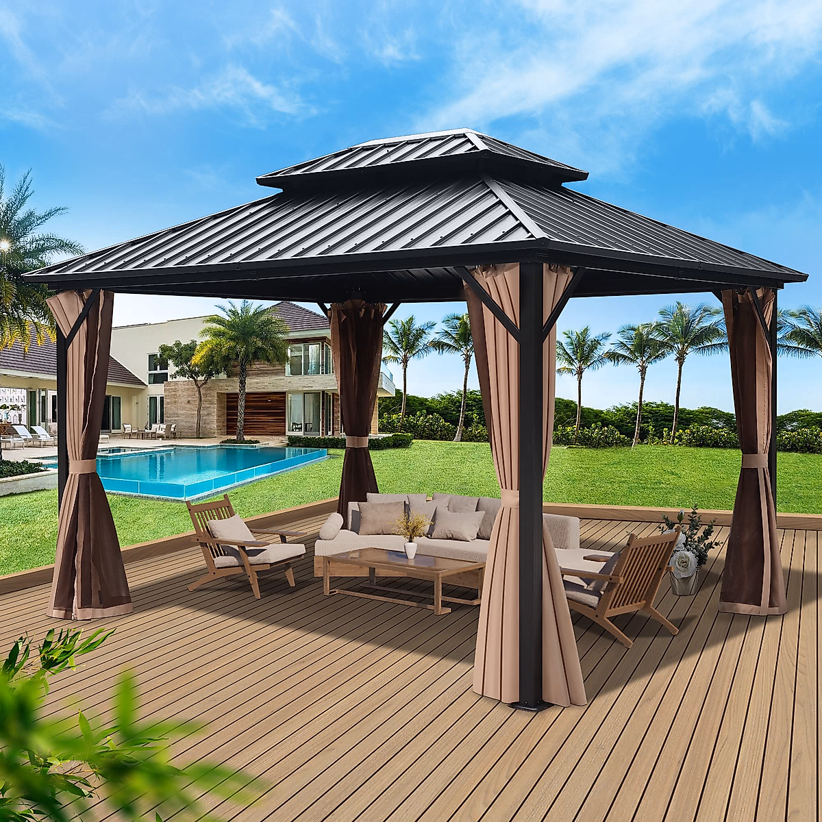 QZEN 10' x 12' Hardtop Gazebo with Netting and Curtains, Double Roof Permanent Metal Gazebo, Aluminum Frame Patio Gazebo for Backyard, Garden, Lawn and Deck