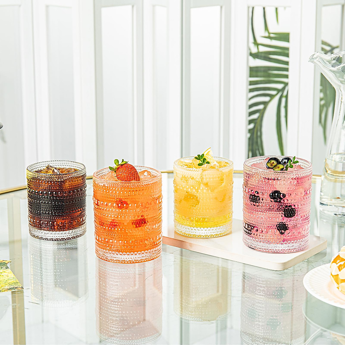 Glass Cups Vintage Drinking Glasses Set of 4, Clear Hobnail Glasses Tumbler, Embossed Design Glassware, Romantic Water Glasses, for Beverage, Juice, Cocktail, Soda, Water, Whiskey (Large)