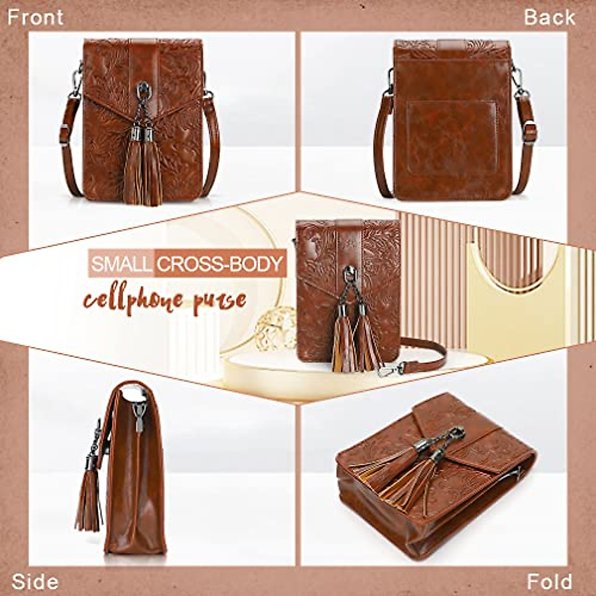 MEITRUE Women Phone Purse Bag Small Crossbody Bags Ladies Mini Cell phone Purse Wallet Tassels Embossed Bag for Girls (0-Coffee)