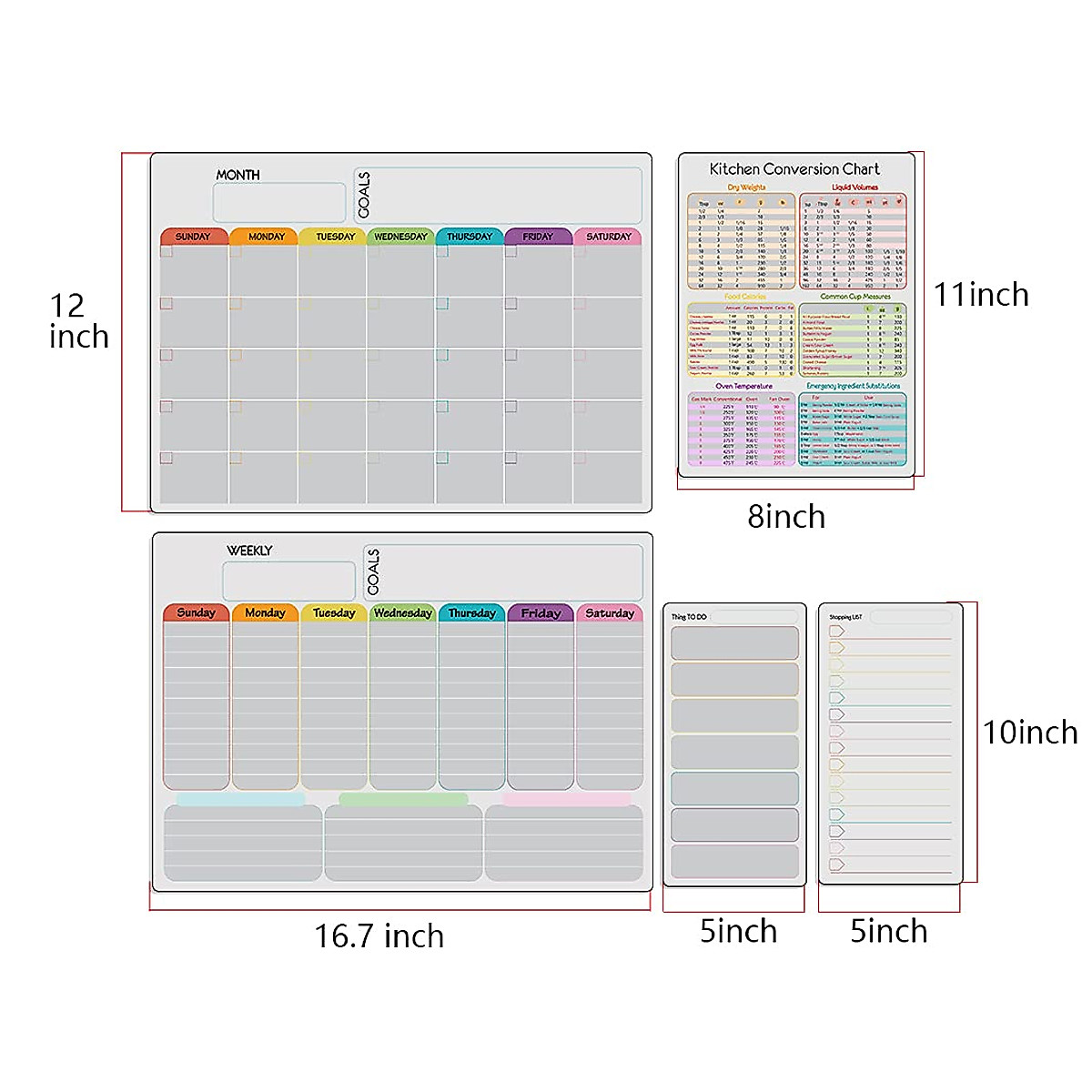 Hivillexun Magnetic Dry Erase Calendar Whiteboard Set (5-Pack) - Includes Meal Planner, Conversion Chart, Family Menu Organizer, Shopping List, and Daily Schedule - 8 Markers and 1 Eraser
