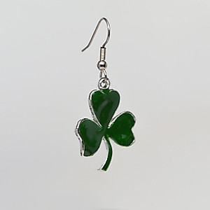 St. Patrick's Day Irish Shamrock Dangle Earrings Green Enamel on Silver Finish Pewter