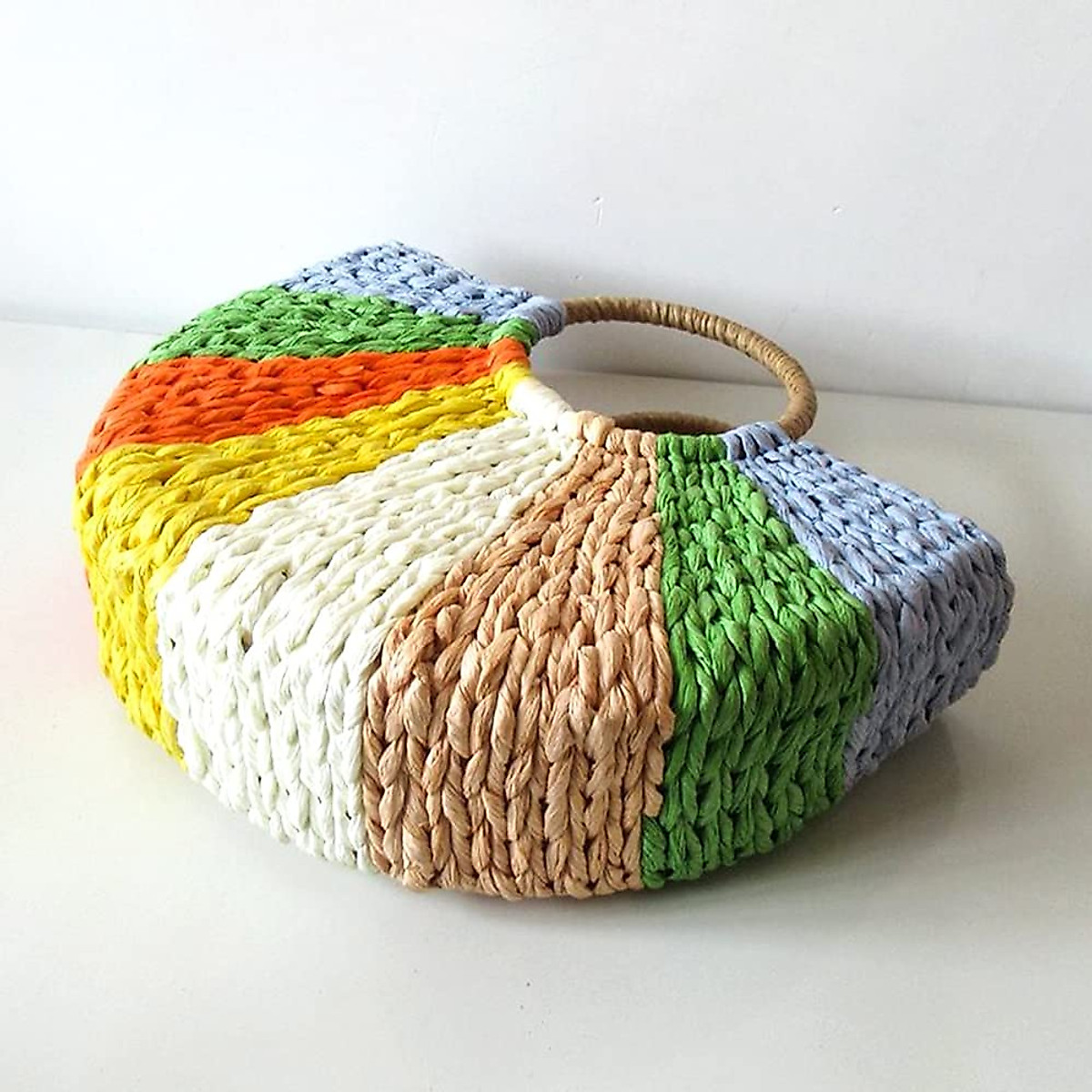 QTKJ Simple Retro Semi-circle Rattan Straw Bag Hand-Woven Round Women Straw Paper Handbag Summer Beach Bag Tote Straw Bag Purse (Colorful)