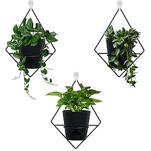 Koalaime 3 Sets of Wall Planters for Indoor Plants, Hanging Wall Planter with Black Metal Holder, Geometric Self Watering Wall Flower Pots, Wall Mounted Succulent Planter, 5" Black Plant Pot