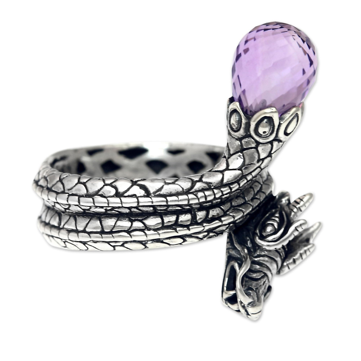 NOVICA Artisan Handmade .925 Sterling Silver Amethyst Cocktail Ring Original Artisan Crafted Dragon with Purple Indonesia Animal Themed Birthstone 'Royal Dragon'