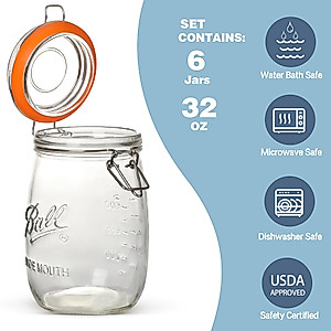 Anwoi Wide Mouth Mason Jars with Airtight Lid 6 Pack 32oz, Kitchen Canning Jar Storage Large Clear Canister Jars with Hinged Lid with Measurement Marks Glass Mason Jars For Canning,Coffee,Sugar,Beans