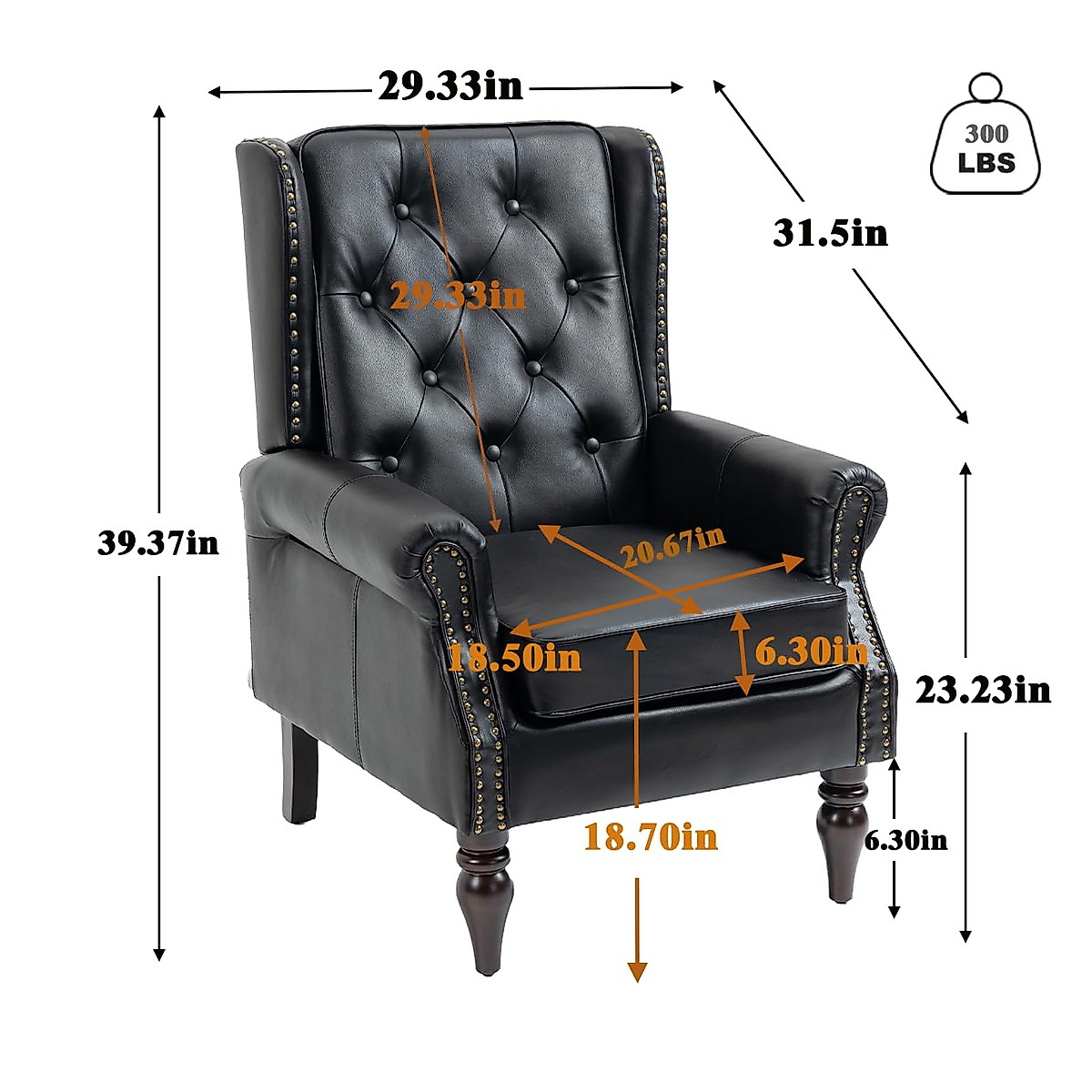 Meesifeel PU Leather Accent Chair,High Wingback Chair with Buttons, Modern Living Room Chairs,Single Club Armchair with Rivet Decoration,Upholstered Reading Chairs for Living Room/Bedroom (Black)