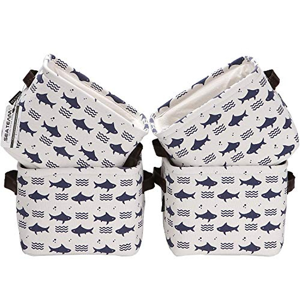 Sea Team Collapsible Square Mini Size Canvas Fabric Storage Bins Shelf Baskets Organizers for Nursery Kids Room, Set of 4 (Shark)