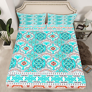 Feelyou Aqua Bed Sheet Set Lattice Boho Sheets Set Queen Size for Girls Women Teens College Bohemian Bedding Set Exotic Floral Tribal Bed Sheets with Deep Pocket Fitted Sheet Room Decor Bed Set