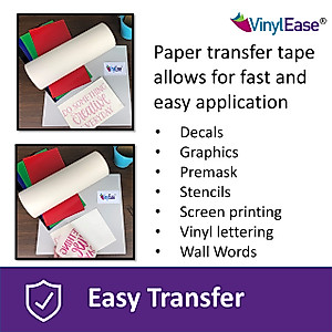 Vinyl Ease 12inch x 100 feet roll of Paper Transfer Tape with a Medium to High Tack Layflat Adhesive. Works with a Variety of Vinyl. Great for Decals, Signs, Wall Words and More. American Made V0821