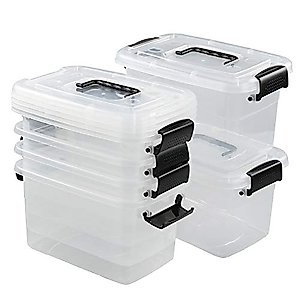 Jandson 5 Quart Clear Storage Bin, Latching Box Container with Black Handle, 6 Packs