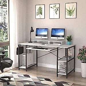 White Desk with Keyboard Tray, 55 INCH Desk with Storage Shelves Modern Computer Desks for Home Office Study Desk with Monitor Shelf Industrial PC Desk Studio Desk with Iron Hooks, Easy to Assemble