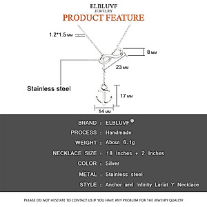 ELBLUVF Newest Stainless steel Anchor Infinity Y Shaped Lariat Style Necklace 18inch For Women (White gold color)