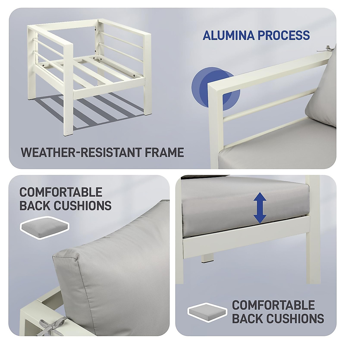 Outvita Outdoor Patio Furniture Set, 4 Pieces Aluminum Patio Conversation Sets, Modern Patio Sofa Loveseat Set with Coffee Table and 5 Inch Cushion for Patio Balcony Yard (White, 4pcs Set)