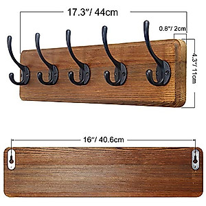 SKOLOO Rustic Wall Mounted Coat Rack: 16-inches Hole to Hole, Pine Solid Wood Coat Hook Hanger - 5 Hooks for Hanging Clothes Robes Towels Coats
