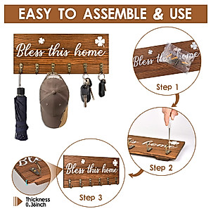 AHYS Key Holder Wall Mount Rustic Bless This Home Wall Decor Key Holder for Wall Key Hanger Key Rack with 6 Key Hooks Wall Key Holder for Entryway Living Room Bedroom - Brown