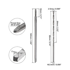 uxcell Tap & Bit Sets, 6#-32 UNC H2 Straight Flute Machine Thread Milling Tap Extra Long, 2.5mm High Speed Steel (HSS) Twist Drill Bit