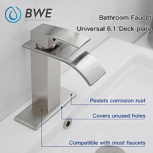 BWE 6” Faucet Cover Escutcheon Brushed Nickel Stainless Steel Deck Plate for Bathroom Sink 1 Hole or 4 Inch 3 Holes Centerset Sink Modern Rectangular Vanity Basin Sink Hole Cover Cap