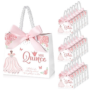 Skyygemm 25 Sets Quinceanera Party Favors for Guests Quinceanera Gift Bag with Handles Small Candy Bag with Bow Ribbon Mis Quince Decoration Quinceanera Sweet 15 Birthday Party Favor (Pink)