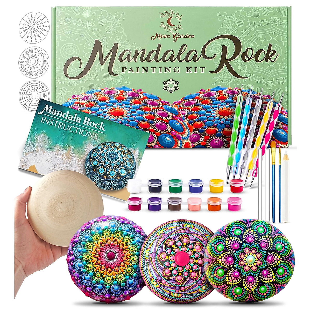 Mandala Rock Painting Kit - Mandala Dotting Tools Kit - Large Wooden Rocks for Painting, Mandala Stencils, Acrylic Paints, Dotting Tools for Painting Rocks - Mandala Dot Art Kit for Adults & Kids