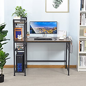 TOOLF Computer Desk with 4 Tier Shelves for Home Office, 47" Writing Study Table with Grid Panel and 4 Hooks, Multipurpose Desk with Storage Bag for PC Laptop