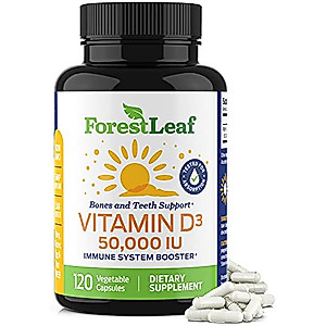 ForestLeaf - Vitamin D3 50,000 IU Weekly Supplement - 120 Vegetable Vitamin D Capsules for Bones, Teeth, and Immune Support - Easy Swallow Pure Vitamin D3 50000 IU- Non GMO Pills