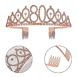 Ceqiny 80th Birthday Sash Tiara and Crowns for Girls, Birthday Queen Rose Gold Tiara, Princess Tiara Rhinestone Headbands with Combs Bridal Wedding Tiaras for Wedding Prom Bridal Party Christmas