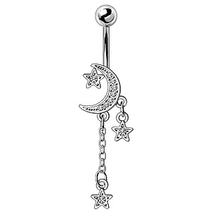 Pierced Owl 14GA 316L Stainless Steel Moon and Stars Dangling Belly Button Ring