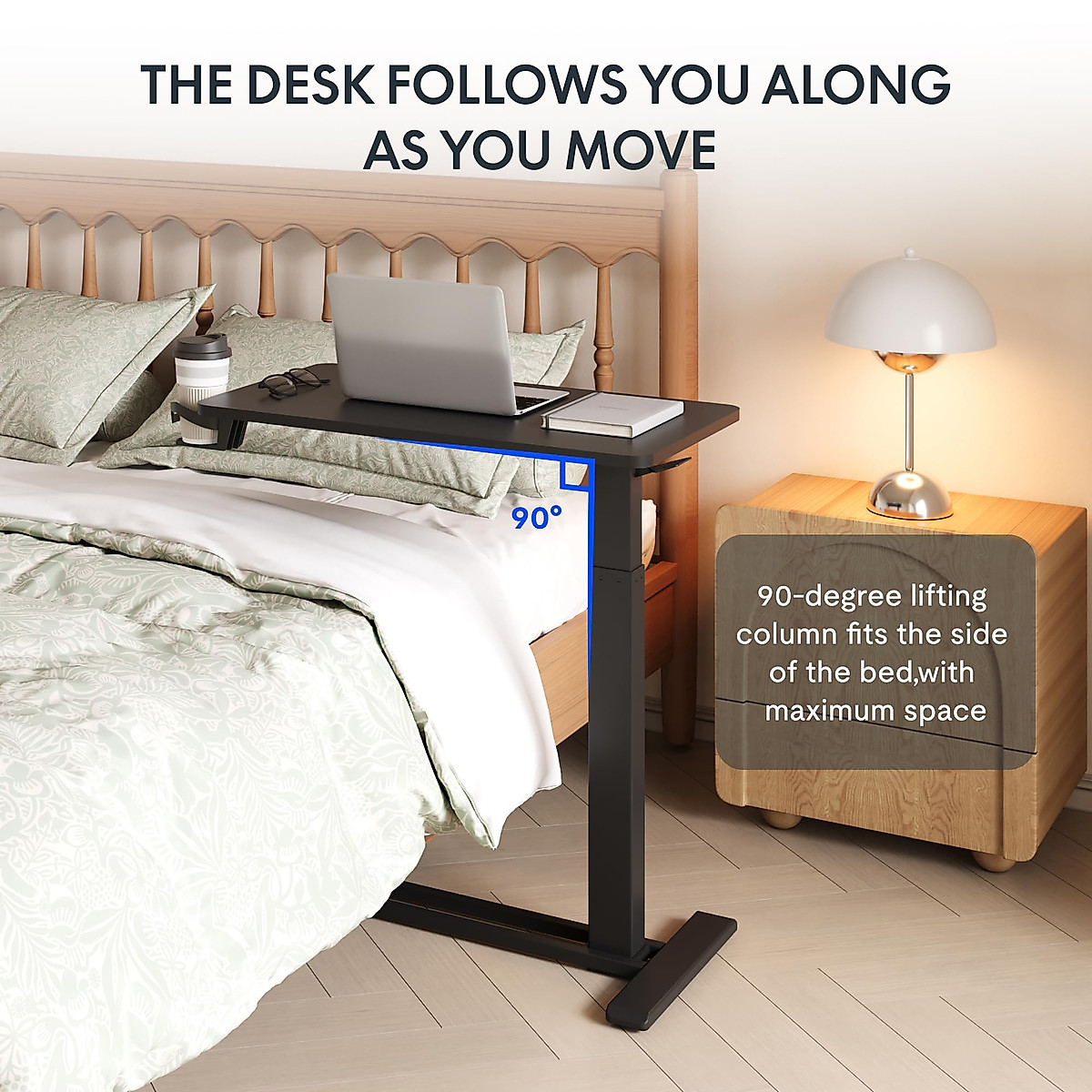 FLEXISPOT Medical Adjustable Overbed Bedside Table with Wheels Pneumatic Mobile Standing Desk Laptop Desk Rolling Computer Cart Movable Overbed Table Hospital Home Use(27.6" W x 15.7" D, Black Table)