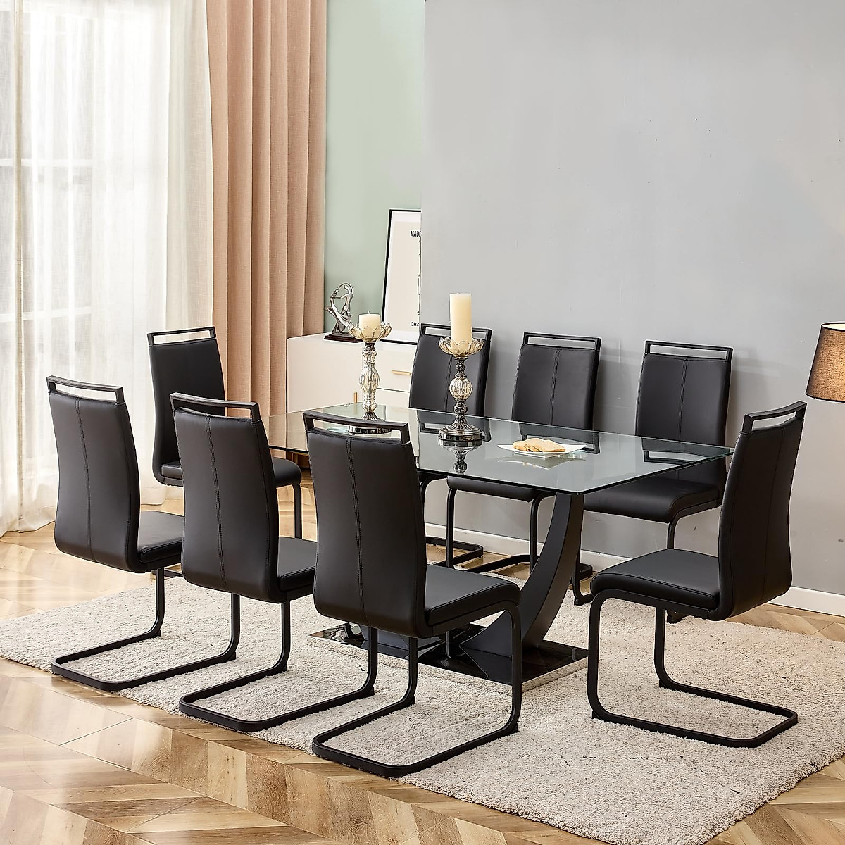 Glass Dining Table Set for 6, 6-Piece Modern Kitchen Table and Chairs Set with Tempered Glass Table and 6 Pcs PU Leather Chairs, Large Dining Room Table Set for Kitchen Dining Room (67" Black Table)