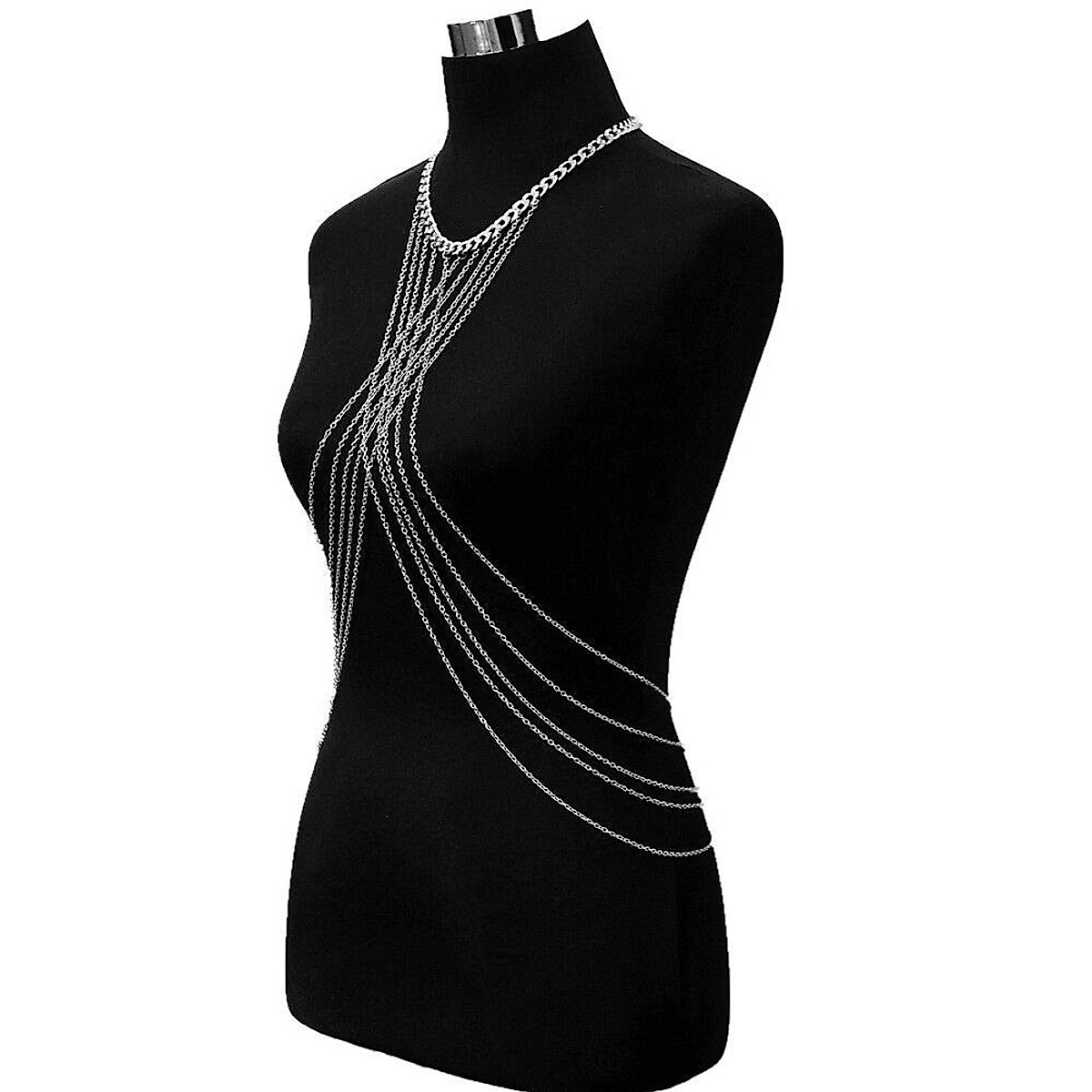 Bomine Harness Silver Body Chain Bra Crossover Sexy Body Jewelry Bikini Chains Necklace for Women and Girls (Silver)