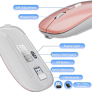 ShuGuoTu Wireless Mouse, 2.4G Slim Mute Silent Click Noiseless Optical Mouse with USB Receiver and Type C Adapter Compatible with Notebook, PC, Laptop, Computer, MacBook (Rose Gold)