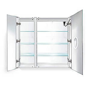 Krugg LED Medicine Cabinet 36 Inch X 36 Inch | Recessed or Surface Mount Mirror Cabinet w/Dimmer & Defogger + 3X Makeup Mirror Inside & Outlet + USB (Right Side Light)
