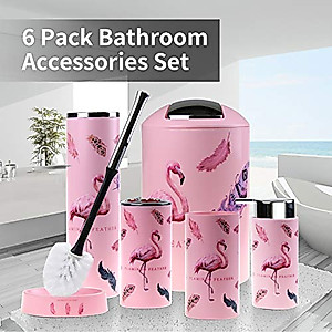 Newthinking Bathroom Accessories Set, Bathroom Set with Trash Can, Include Soap Dish and Soap Dispenser, Toothbrush Holder Set and Toilet Brush and Holders, Pink Flamingo