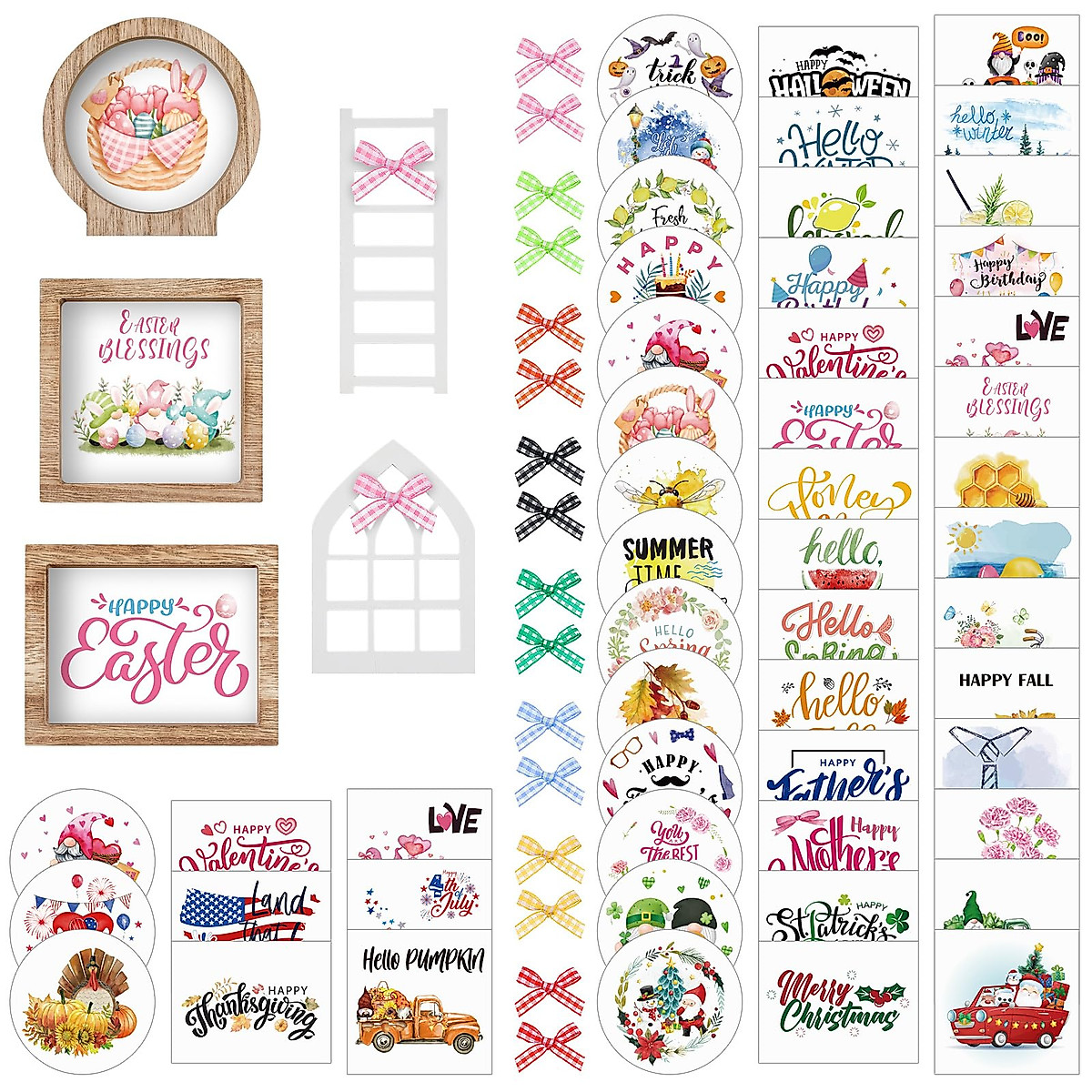 Bencailor 48 Pcs Interchangeable Seasonal Farmhouse Tiered Tray Decor Set Include Wood Frames with Ladders Cards Bow Knot,Tray Not Included(Year Round Seasonal)