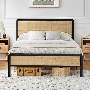 Alkmaar Queen Size Metal Bed Frame with Rattan Headboard and Footboard, Platform Bed Frame with Safe Rounded Corners, Under Bed Storage, Strong Metal Slat Support, No Box Spring Needed