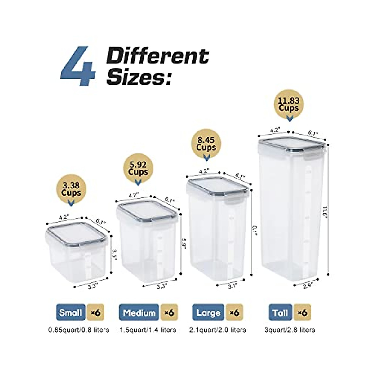 Airtight Food Storage Containers with Lids, Clear Pantry Canister Set for Kitchen Organization, Stackable Organizers for Flour, Sugar, Cereal, Rice, BPA Free Plastic 24 Pack with Different Sizes