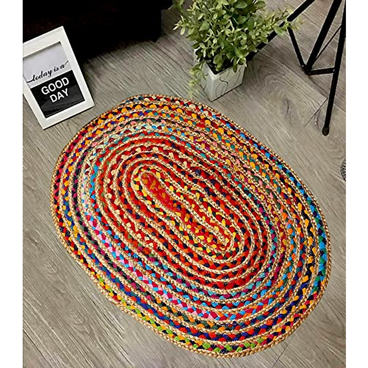 KEMA Jute Cotton Multi Chindi Braid Rug 2X3' Feet, Multi Color, Hand Woven & Reversible for Living Room Kitchen Entryway Rug,Jute Burlap Cotton Rag Rug 24x36 inch, Farmhouse Rag Rug, Rustic Rug