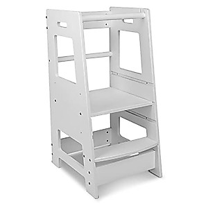 ECOMEX Standing Tower for Toddlers, Toddler Stool for Kitchen Counter Kids Kitchen Step Stool with Safety Rail Toddler Standing Tower with Adjustable Platform for Kitchen Counter, Elegant White