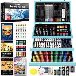 Art Supplies, 186-Pack Deluxe Art Set with 2 A4 Drawing Pads, 1 Coloring Book, 24 Acrylic Paints, Crayons, Colored Pencils, Watercake, Creative Gift Box for Adults Artist Beginners Kids Girls Boys